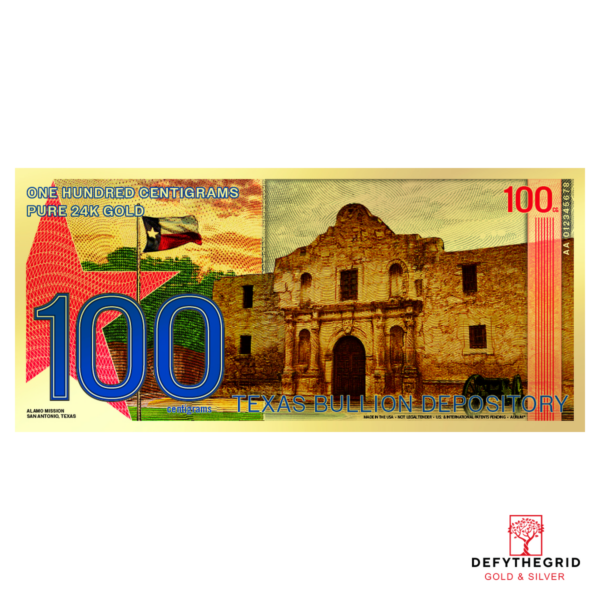 100 Centigram Gold Aurum – Texas The Alamo – 2025 – defythegrid.com